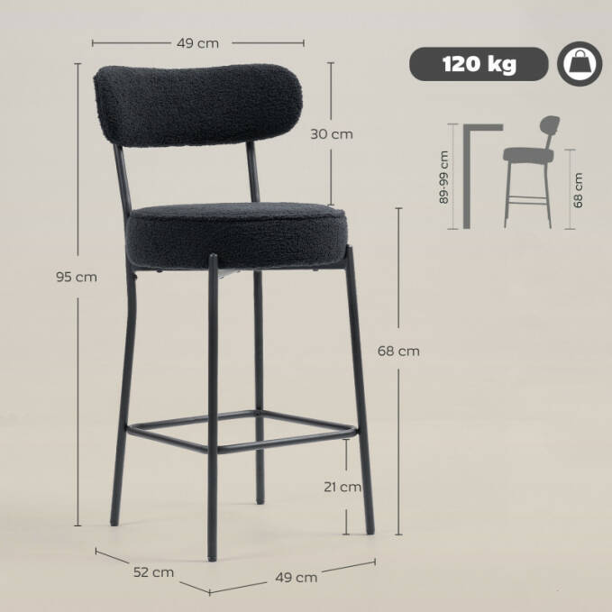 Komfortable Barstoler 2-pk – Svart Teddystoff med rund sete og ...