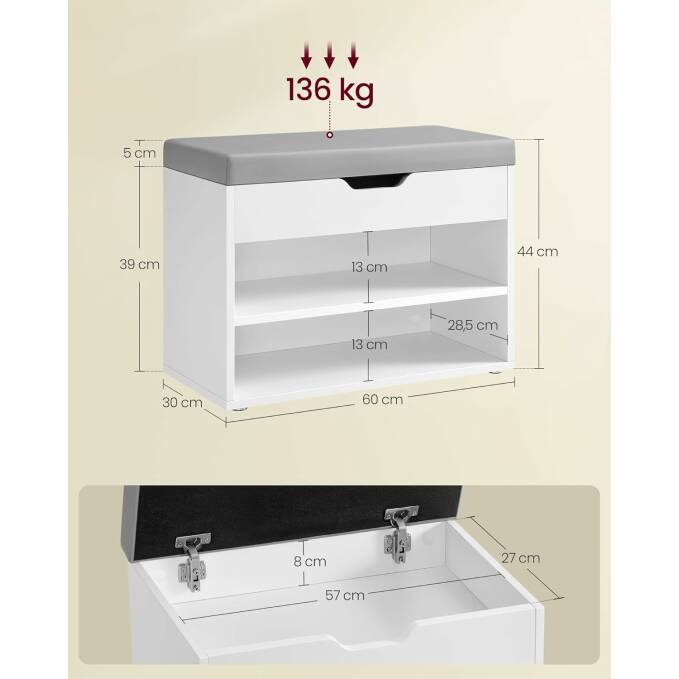 Sittebenk med skooppevaring og skjult oppbevaringsdel – 30 × 60 × 44 cm ...